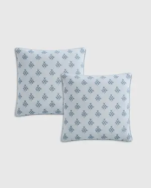 Quince Piped Block Print Cotton Pillow Cover - Light Blue