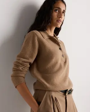 Quince Mongolian Cashmere Button Polo Sweater - Teak