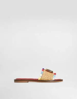 Dolce & Gabbana Flat Straw Slide Sandals With Fringes - Multicolor