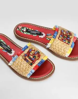 Dolce & Gabbana Flat Straw Slide Sandals With Fringes