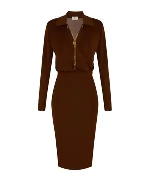 Elisabetta Franchi Draped V-neck Midi Dress With Chain Detail - Cigar