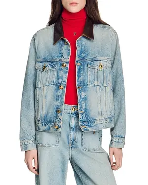 Sandro Denim Jacket With Leather Collar - Blue Jean
