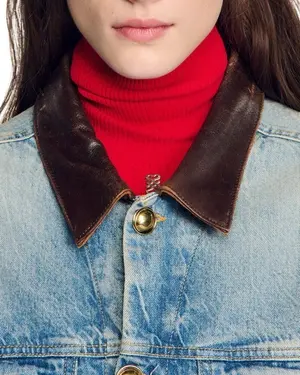 Sandro Denim Jacket With Leather Collar
