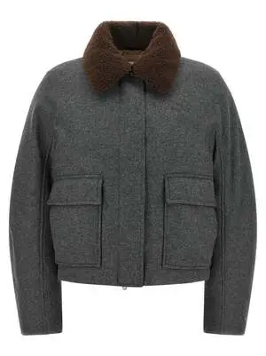Brunello Cucinelli Cropped Shearling Collar Jacket - Gray