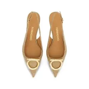 FERRAGAMO Slingback Stiletto Heel Shoes With Gancio Buckle In Calf Leather - Cream