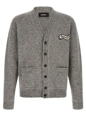 Dsquared2 V-neck Wool Blend Cardigan With Logo Patch - Gray