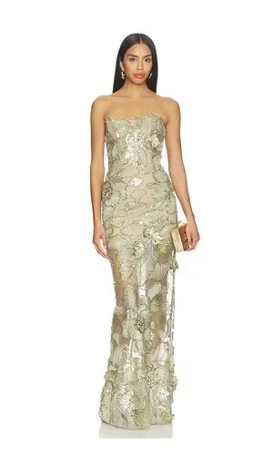 BRONX BANCO Tiffany Sequin Floral Farah Strapless Maxi Dress - Sage