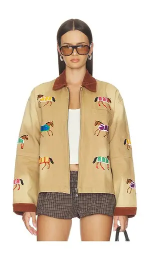 FOUND Lariat Horse Embroidered Work Jacket In Beige - Light Beige