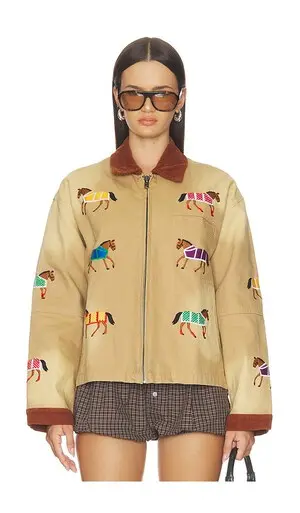 FOUND Lariat Horse Embroidered Work Jacket In Beige