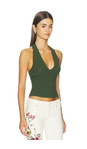 Alice + Olivia Pearl Pointelle Tie Back Halter Top In Green