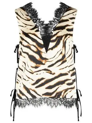 GANNI Viscose Zebra Print Lace Trim Tank Top Cream