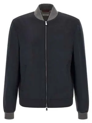Brunello Cucinelli Cashmere Bomber Jacket With Contrasting Trim - Blue