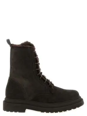 Brunello Cucinelli Suede And Shearling Lace-up Ankle Boots - Brown