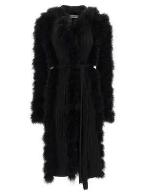 Attico Long Coat With Feather Trim - Black