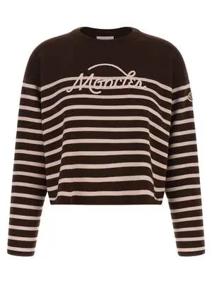 Moncler Striped Virgin Wool Sweater With Embroidered Logo - White