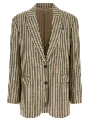 Brunello Cucinelli Striped Linen Blend Blazer - Green