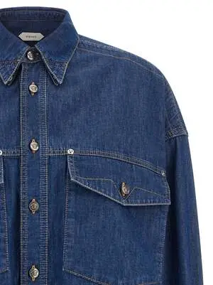 Versace Cropped Cotton Denim Shirt With Medusa Hardware