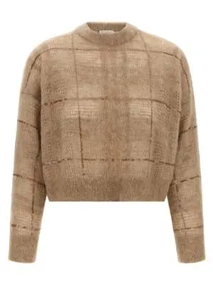 Brunello Cucinelli Sequin Check Mohair Wool Blend Cropped Sweater - Cream