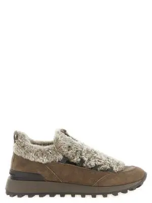 Brunello Cucinelli Shearling Monile Suede Slip-on Sneakers - Brown