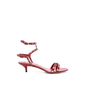 Valentino Garavani VALENTINO GARAVANI Rockstud Embellished Leather Kitten Heel Sandals Red