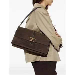 TOD'S Calf Suede Shoulder Bag With Gold-tone T Timeless Plaque - Brown