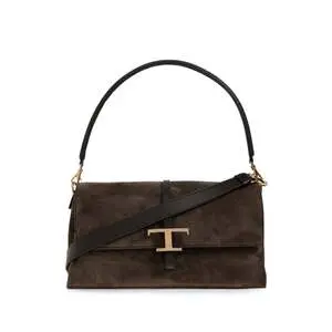 TOD'S Calf Suede Shoulder Bag With Gold-tone T Timeless Plaque - Brown