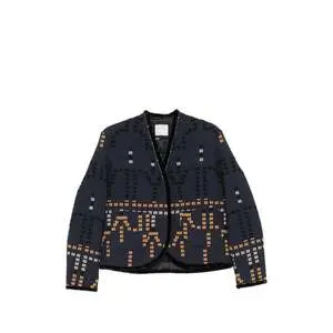 FORTE_FORTE Geometric Pattern V-neck Zip-up Jacket - Blue