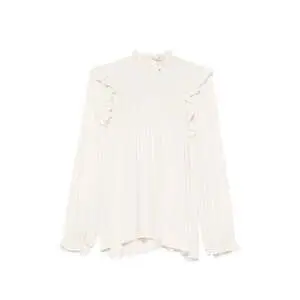 FORTE_FORTE Ivory Smocked Panel Ruffle Trim High Neck Long Sleeve Blouse - Cream