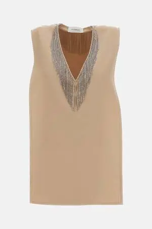 Sportmax Sleeveless V-neck Cady Top With Rhinestone Fringe - Multicolor