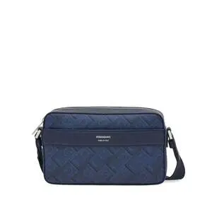 FERRAGAMO Ferragamo Navy Blue Monogram Print Calfskin Messenger Bag Blue