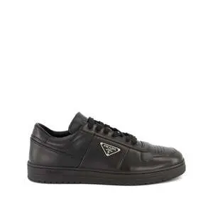 Prada Low-top Leather Sneakers With Enamel Triangle Logo - Black