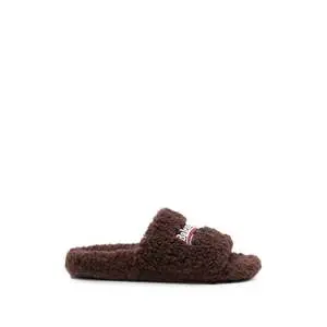Balenciaga BALENCIAGA Embroidered Logo Shearling Slides Brown