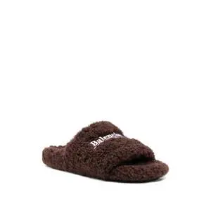 Balenciaga Embroidered Logo Shearling Slides - Brown