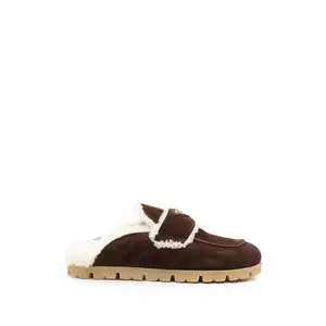 Prada Suede Shearling Trim Slippers - Brown
