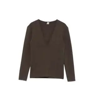 TOTEME Ribbed Knit V-neck Long Sleeve Jumper - Brown