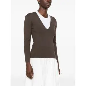 TOTEME Ribbed Knit V-neck Long Sleeve Jumper - Brown