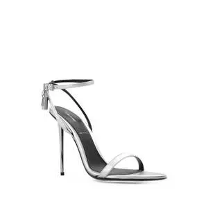 TOM FORD Metallic Leather Ankle Strap Stiletto Sandals With Padlock Charm