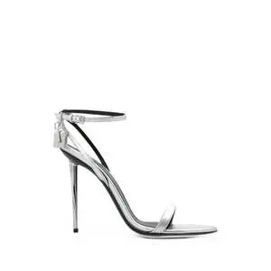 TOM FORD Metallic Leather Ankle Strap Stiletto Sandals With Padlock Charm - Silver