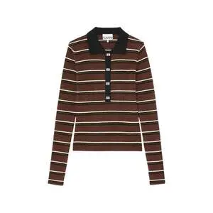 GANNI Ribbed Polo Top With Horizontal Stripes And Embellished Buttons - Brown