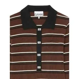 GANNI Ribbed Polo Top With Horizontal Stripes And Embellished Buttons - Brown