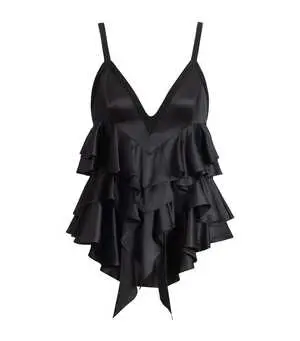 Balmain Silk Satin Ruffled Top - Black