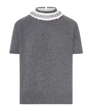 Prada Embellished Collar Short-sleeved Knitted Jumper - Slate Grey