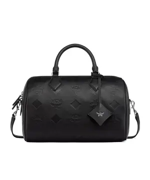 Mcm Ella Boston Bag In Maxi Monogram Leather - Black
