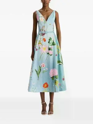 Oscar De La Renta Botanical-print Belted Midi Dress - Blue