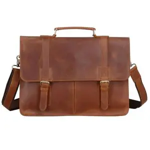 TOURI Genuine Leather Messenger Bag With Laptop Sleeve - Brown