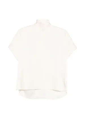 Brunello Cucinelli Silk Satin High Neck Short Sleeve Top With Rear Tie Fastening - Multicolor