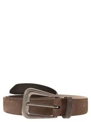 Brunello Cucinelli Suede Calfskin Belt With Embellished Buckle - Brown