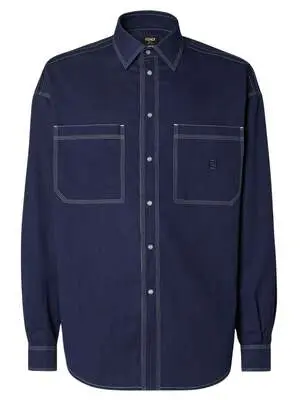 Fendi Cotton Shirt With Patch Pockets And Logo Snap-button Placket - Navy