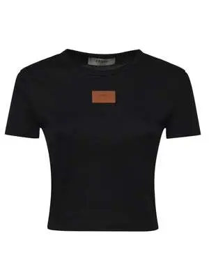 Fendi Cotton Crewneck Logo Top With Ribbed Knit And Leather Patch - Black