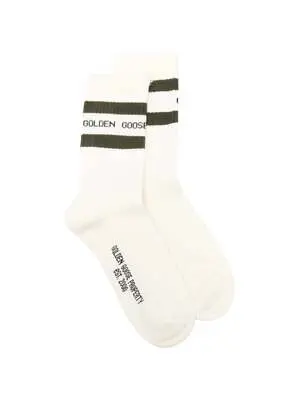 GOLDEN GOOSE Ribbed Cotton Crew Socks With Logo Stripe Detail - White